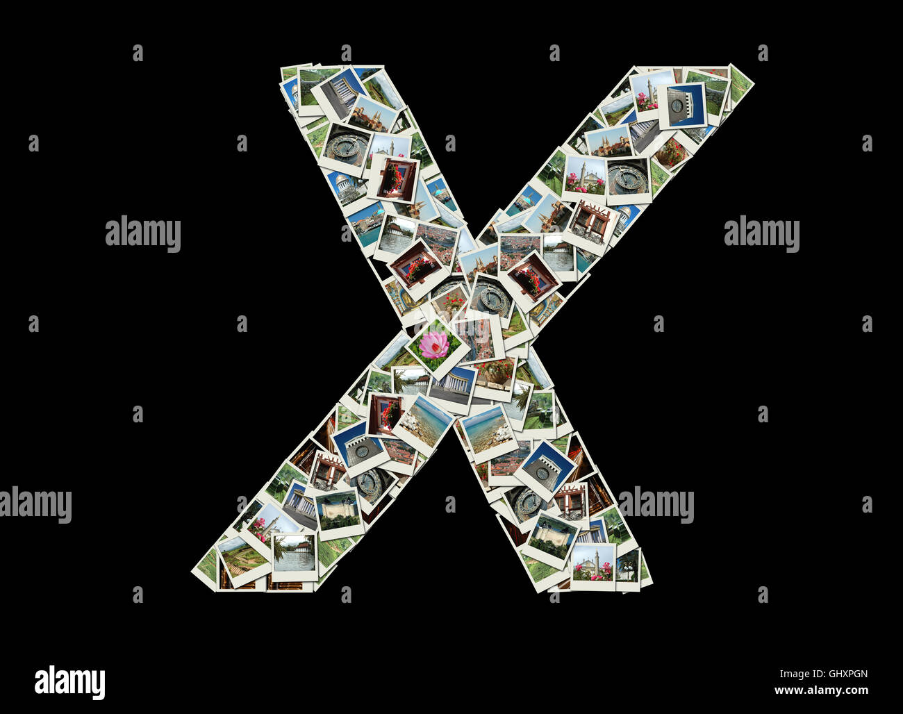 Shape of "X" letter made like collage of travel photos Stock Photo - Alamy