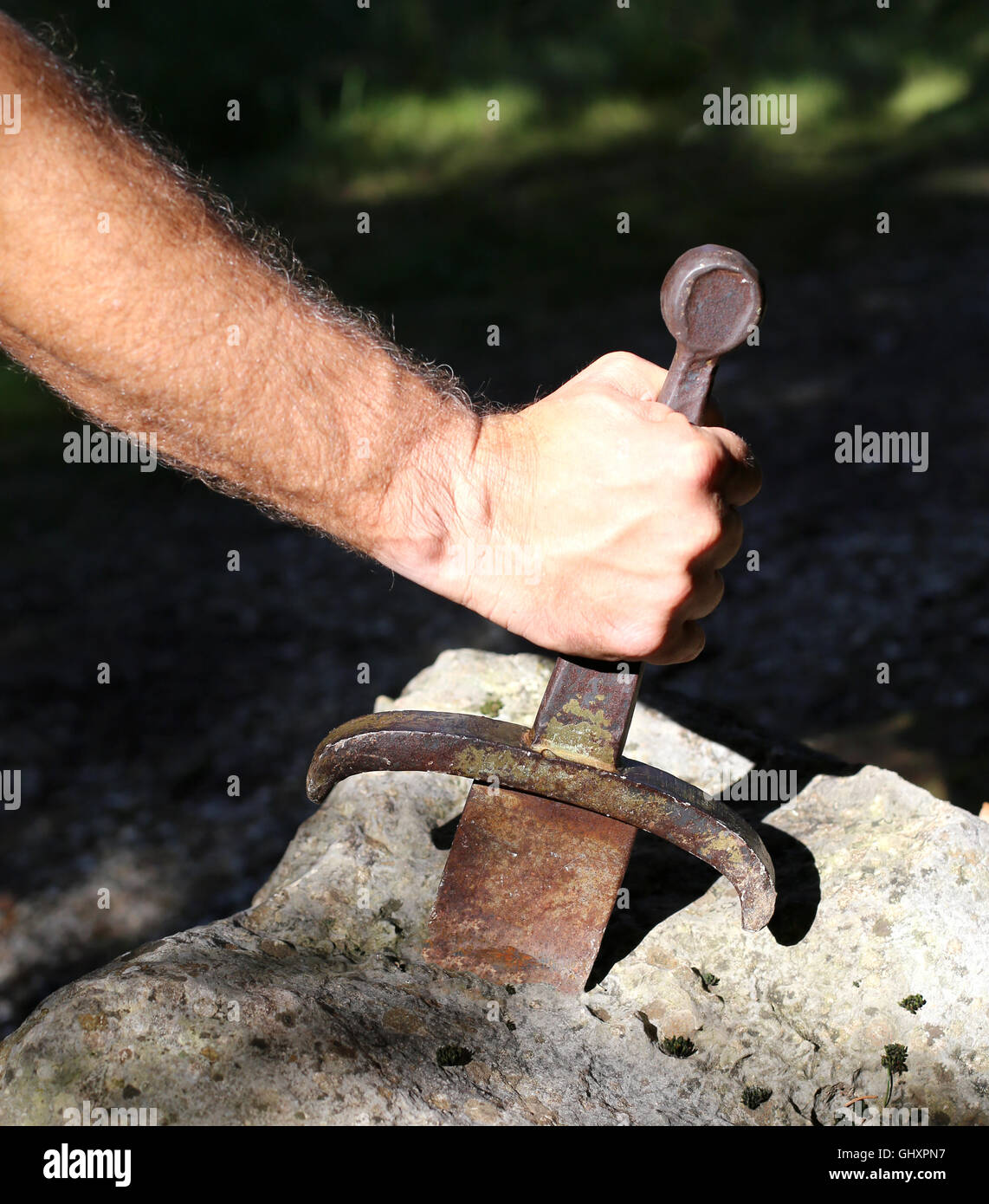Excalibur sword in the stone and the hand of man in th wood Stock Photo ...