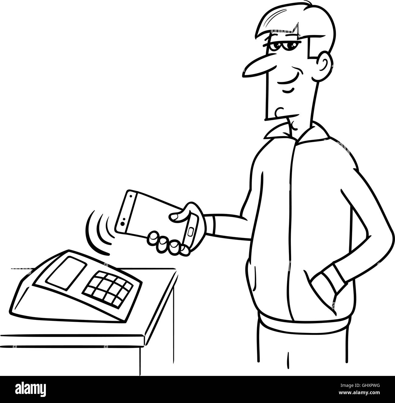 Black and White Cartoon Illustration of Man Paying Wireless with his ...