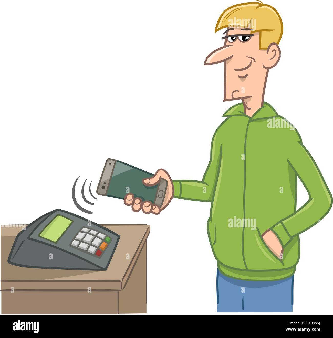 Cartoon Illustration of Man Paying Wireless with his Smart Phone Stock ...