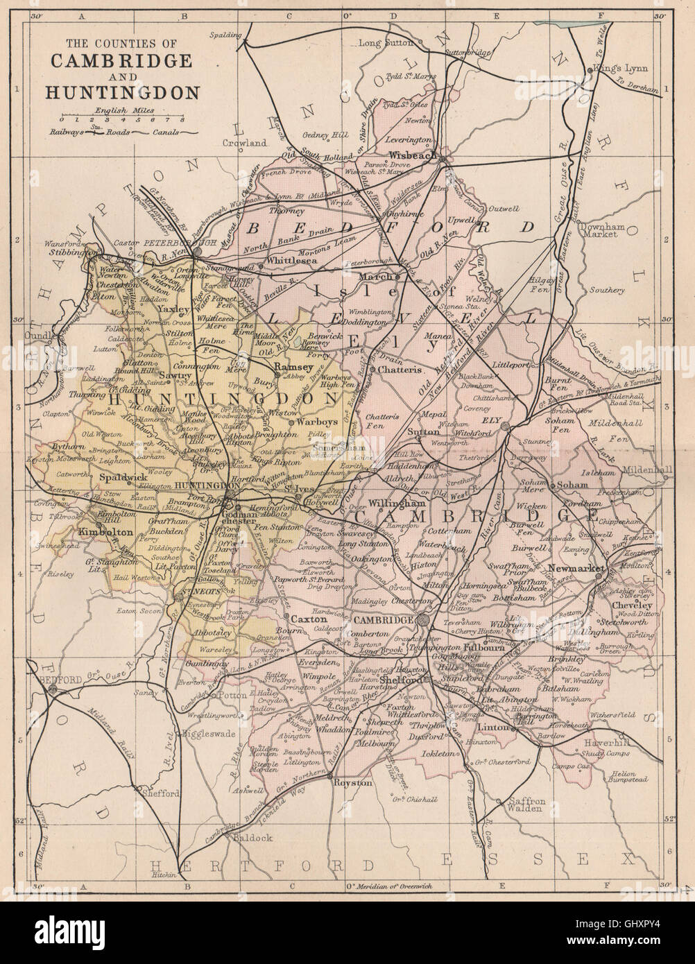 CAMBRIDGESHIRE & HUNTINGDONSHIRE: Antique county map. Railways. PHILIP ...