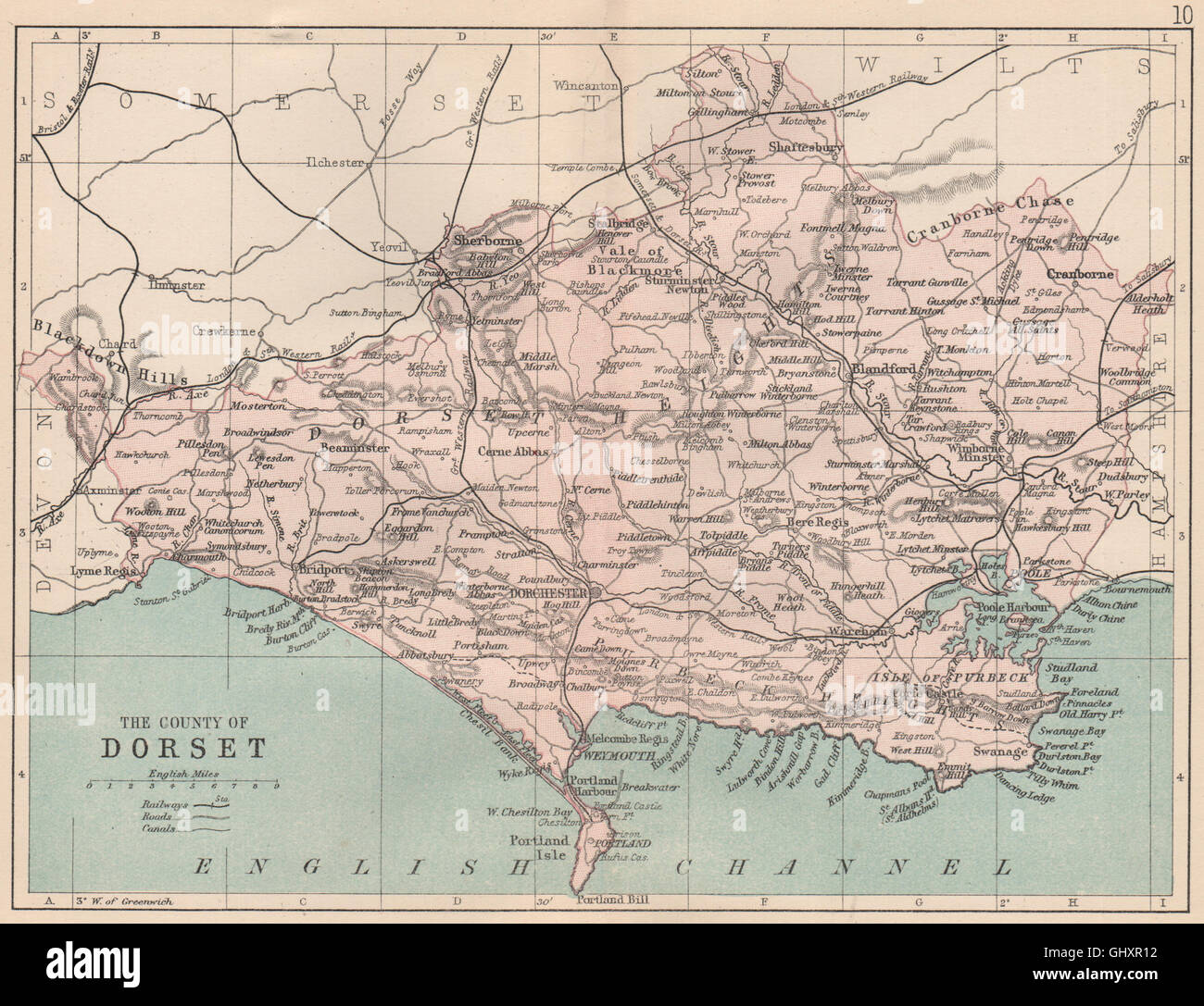 DORSET: Antique county map. Railways roads canals. PHILIP, 1882 Stock ...