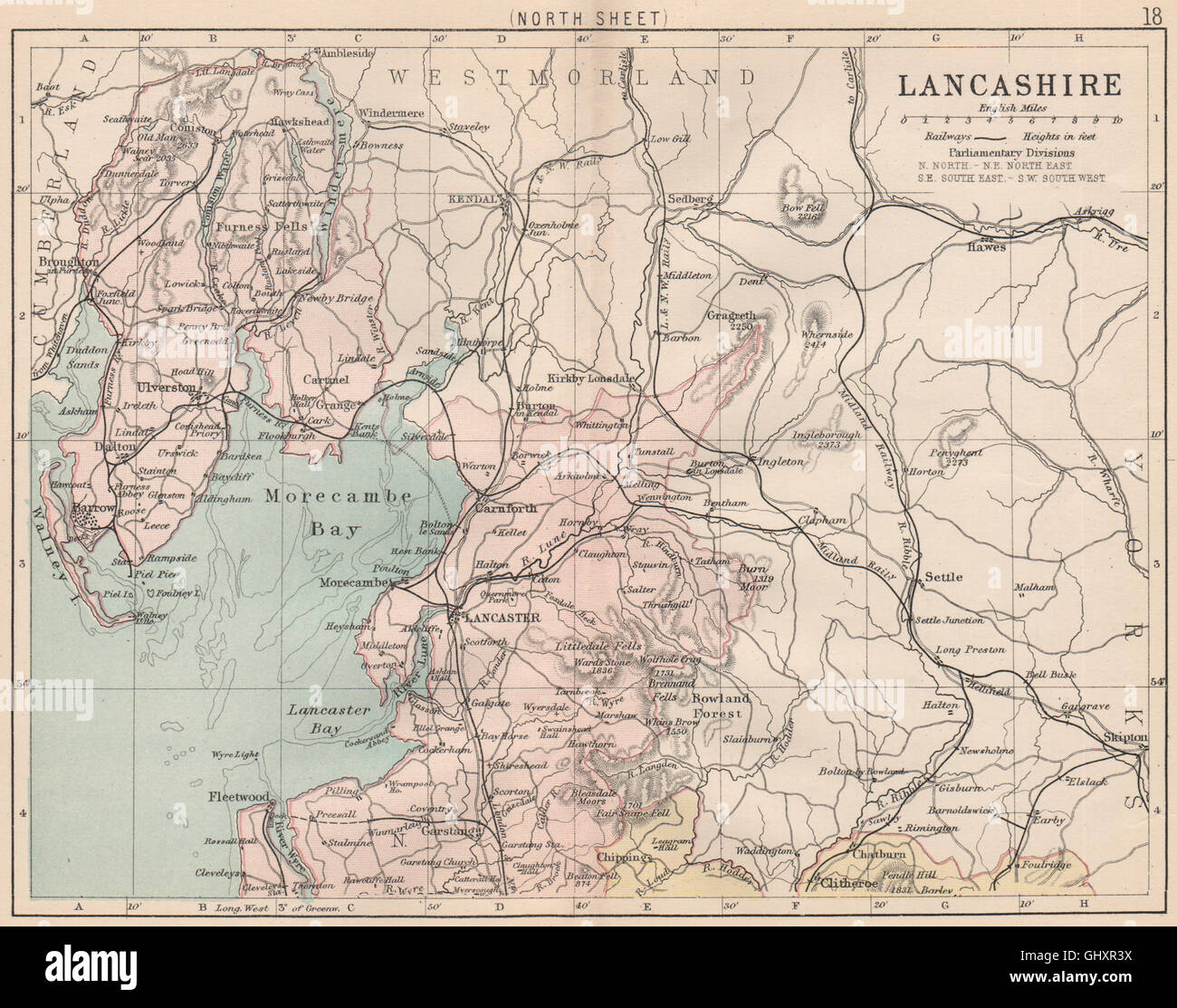 LANCASHIRE NORTH: Antique county map. Railways. PHILIP, 1882 Stock ...