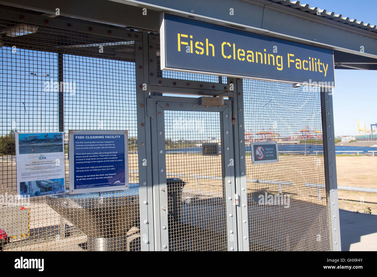 Fish cleaning facility in Port Botany Sydney, caged area prevents birds ...