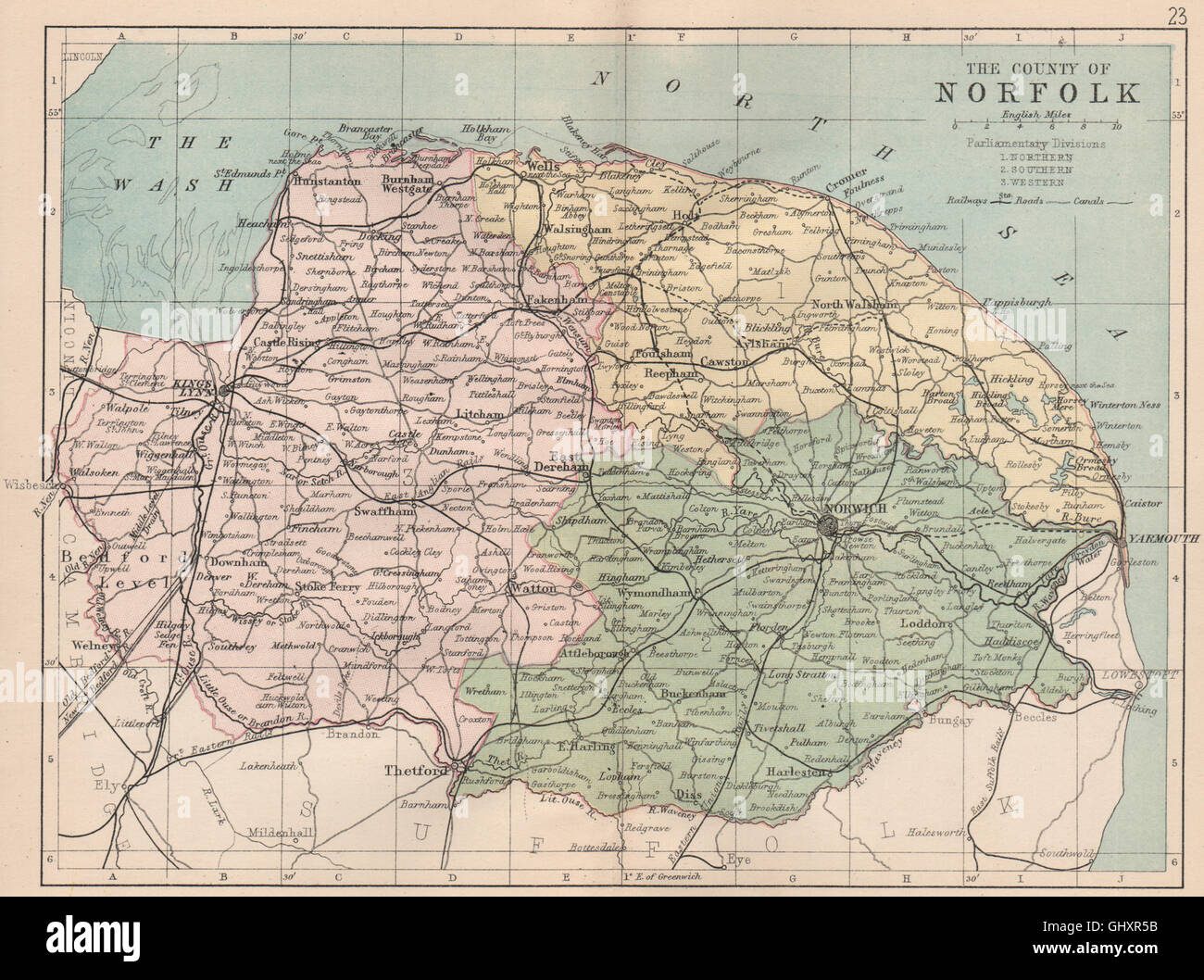 NORFOLK: Antique county map. Railways roads canals. Constituencies ...