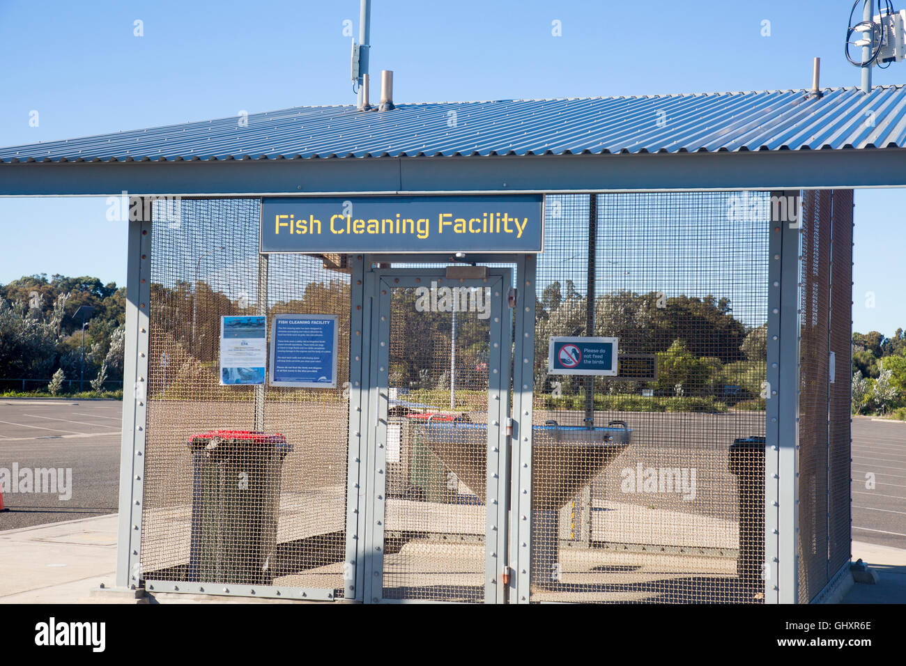 Fish cleaning facility in Port Botany Sydney, caged area prevents birds ...