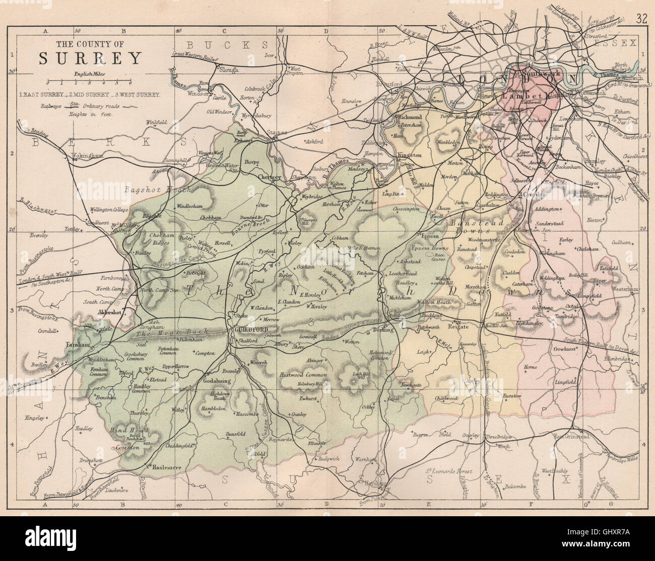SURREY: Antique county map. Railways roads. Constituencies. London ...
