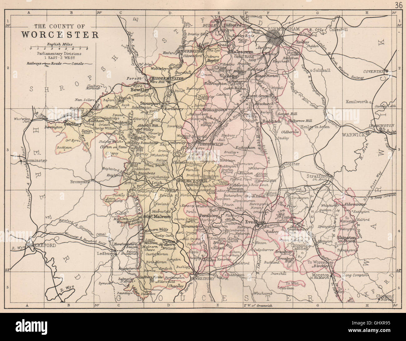 WORCESTERSHIRE: County map. Railways roads canals. Constituencies ...