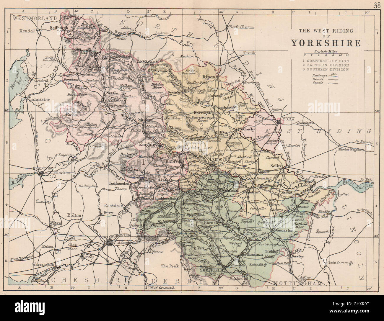 YORKSHIRE WEST RIDING: County map. Railways canals. Constituencies ...