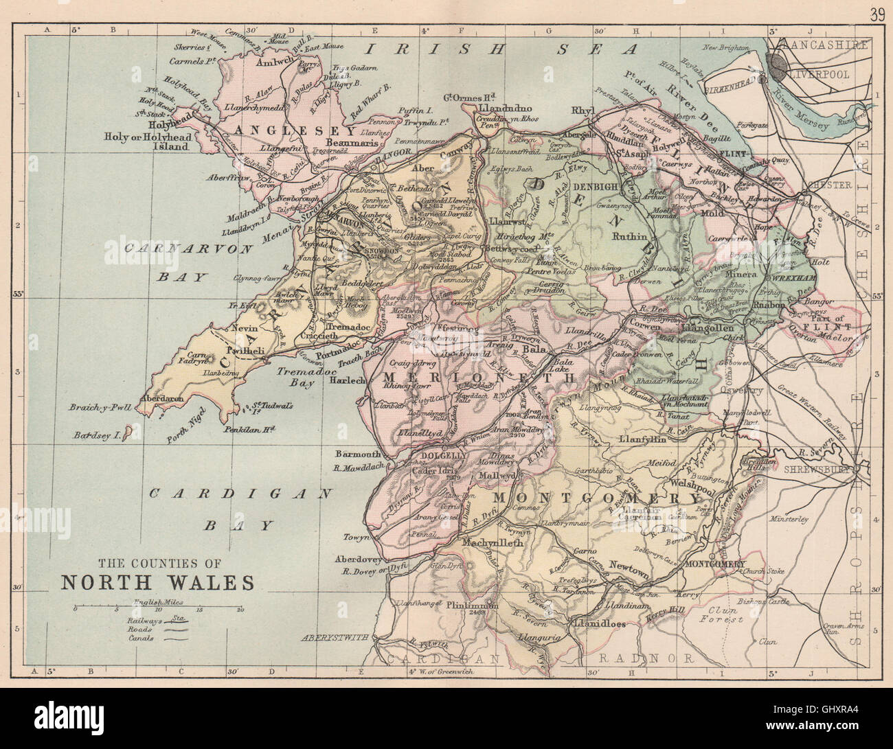 NORTH WALES: Antique map. Counties Railways roads canals. PHILIP, 1882 ...