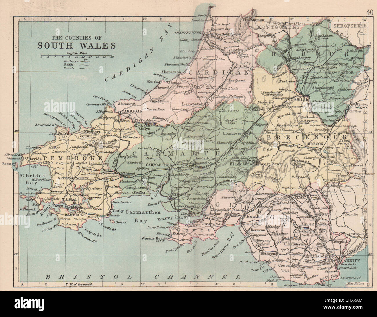 SOUTH WALES: Antique map. Counties Railways roads canals. PHILIP, 1882 ...