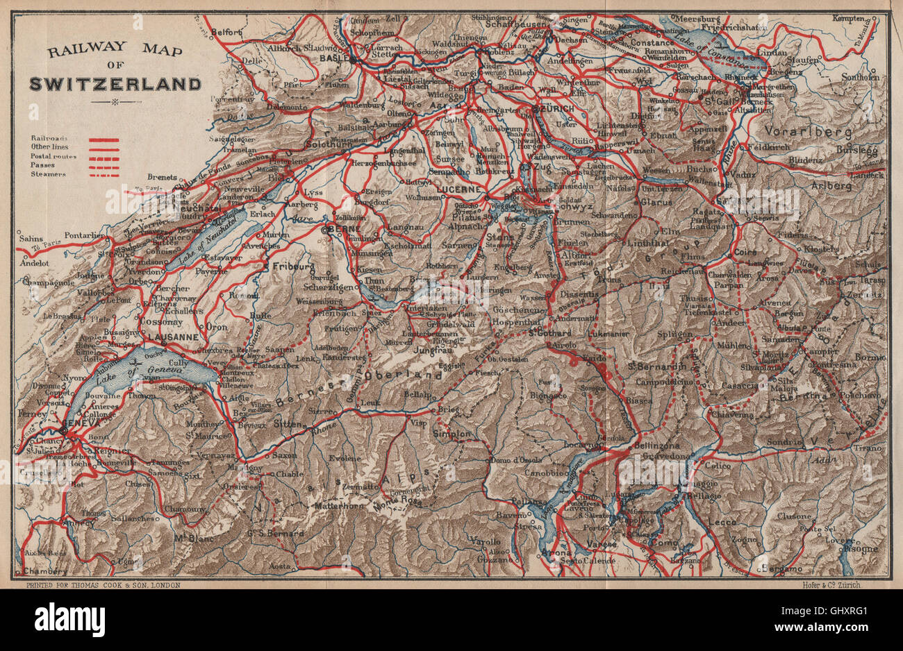 SWITZERLAND: Railway map. Postal routes. Steamers. Passes. THOMAS COOK ...