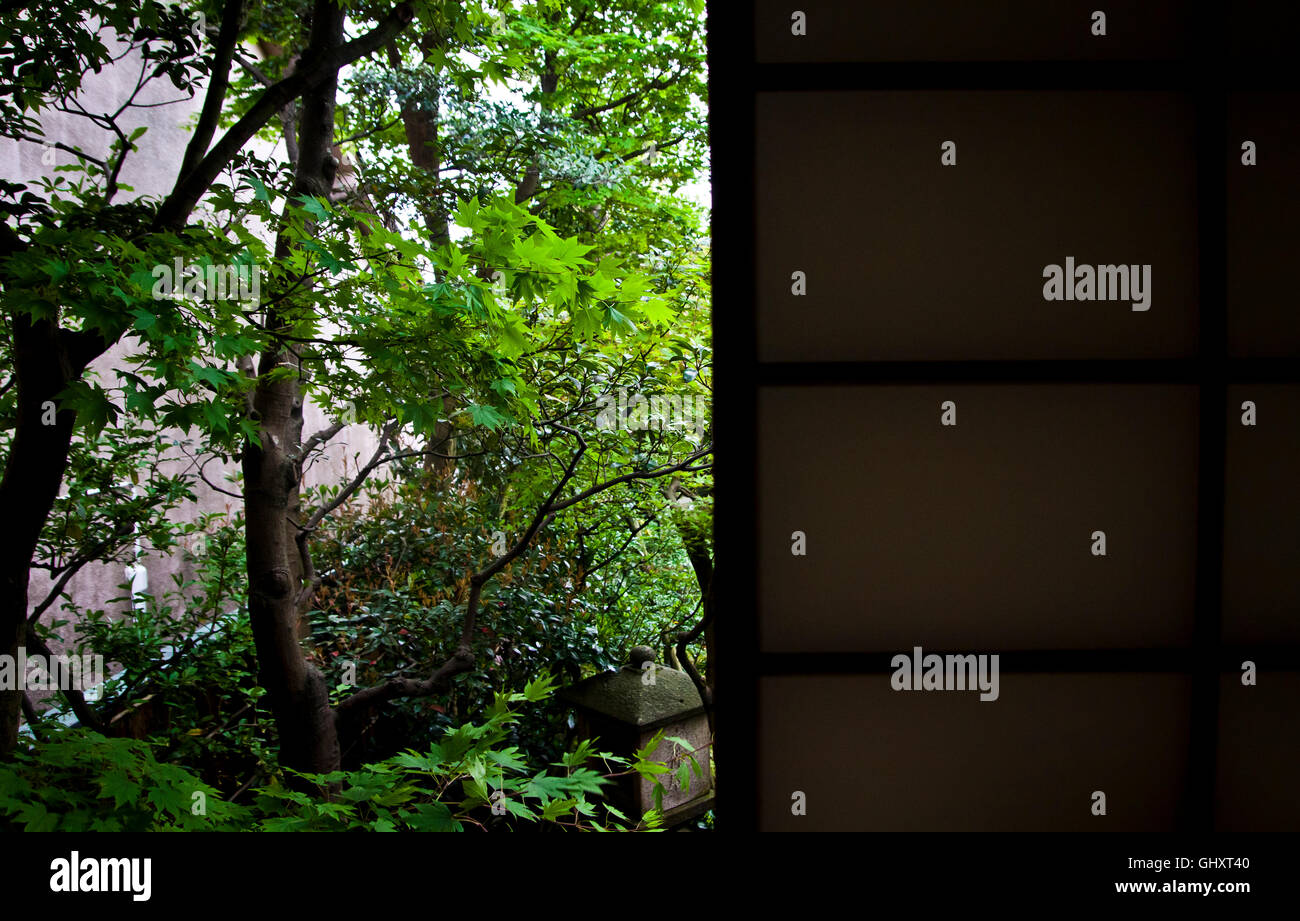 A view of the courtyard garden in the Nomura Samurai House in Kanazawa ...