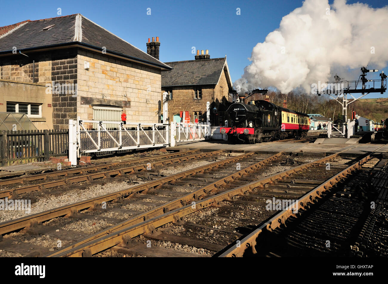 Ex-GWR 0-6-2 tank locomotive No 6619 in action at Grosmont level ...