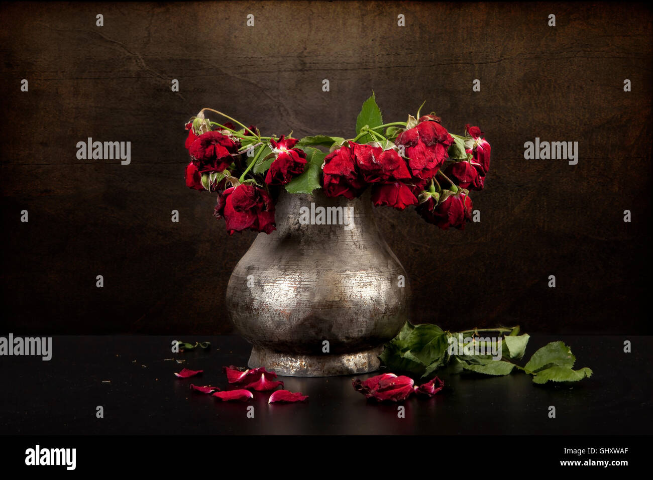bouquet of dead red roses in pewter vase with grunge background Stock ...