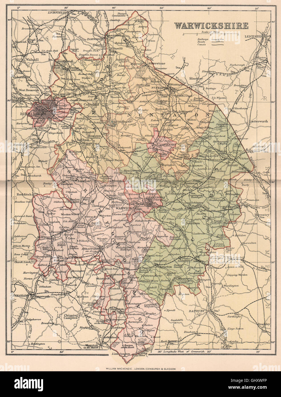 WARWICKSHIRE. Antique county map, 1893 Stock Photo - Alamy