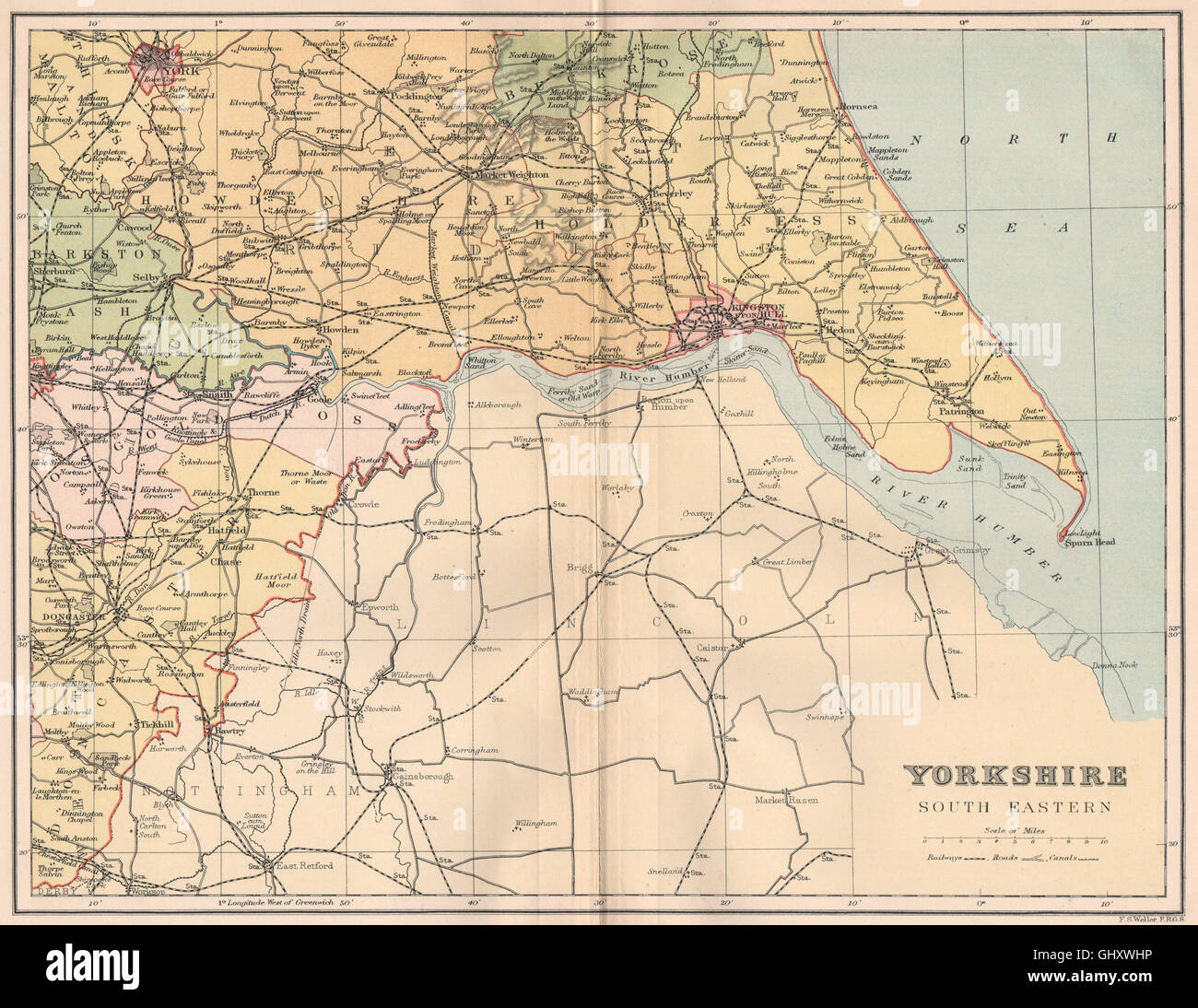 YORKSHIRE SOUTH EAST. Antique county map, 1893 Stock Photo - Alamy