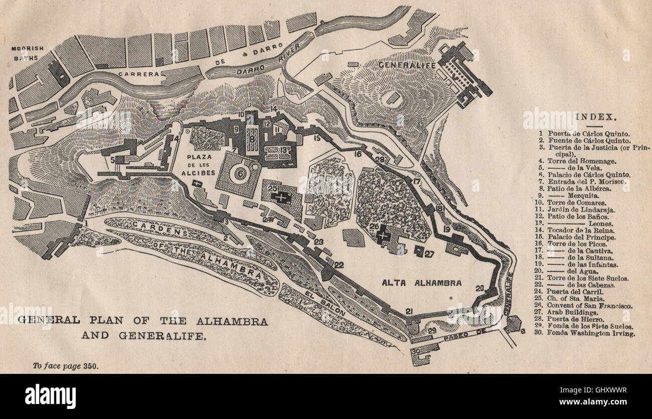 ALHAMBRA AND GENERALIFE antique plan. Spain Espana. MURRAY, 1898 ...