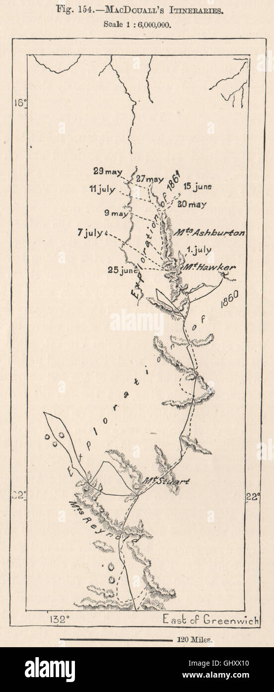 John MacDouall Stuart's Itineraries. Australia, 1885 antique map Stock ...