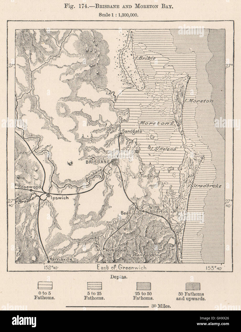 Brisbane and Moreton bay. Australia, 1885 antique map Stock Photo - Alamy