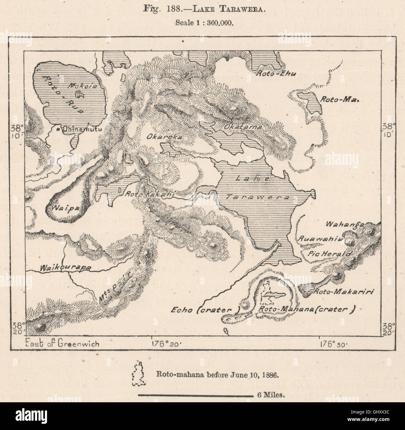 Lake Tarawera. New Zealand, 1885 antique map Stock Photo - Alamy
