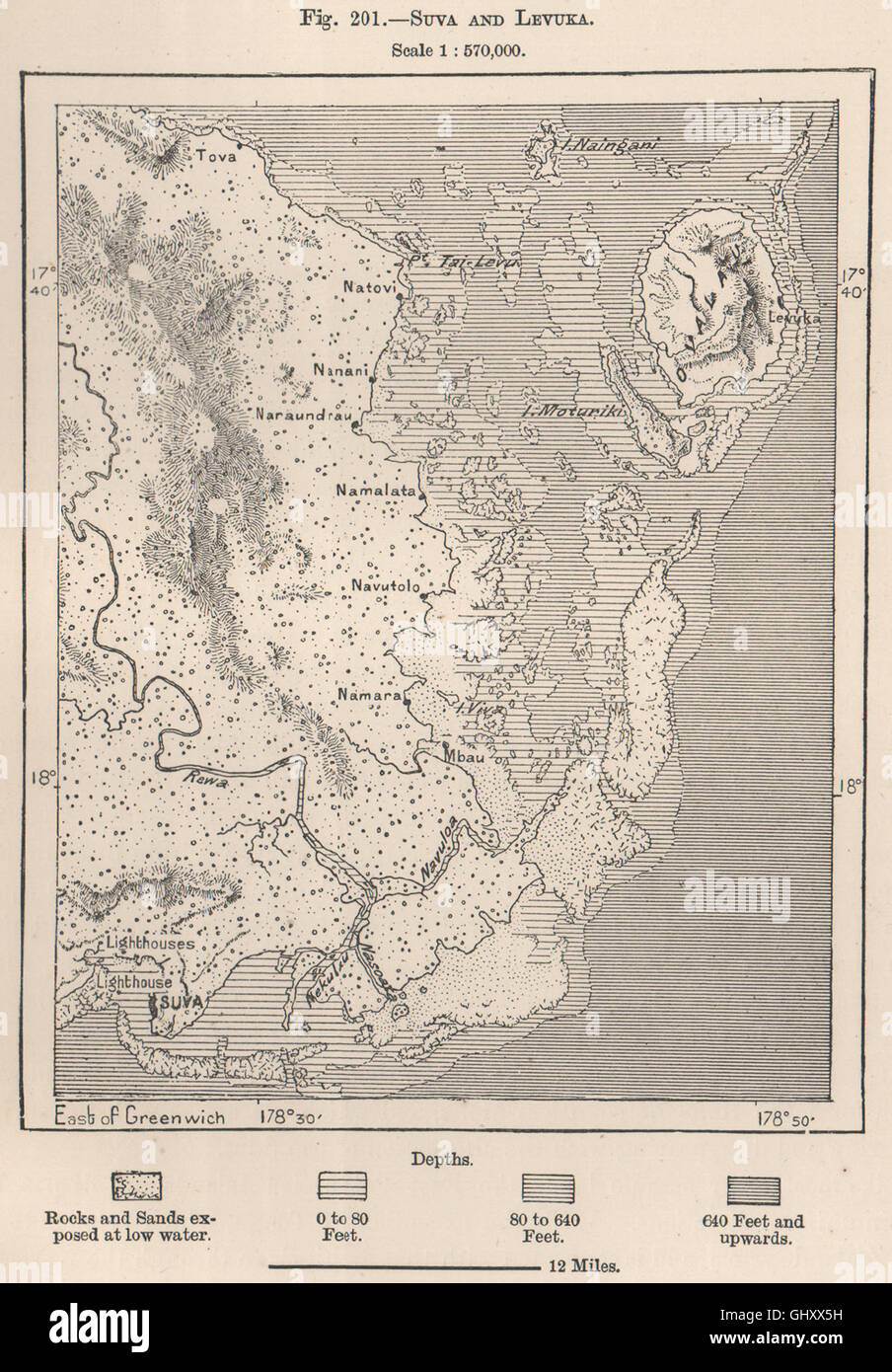 Suva and Levuka. Fiji. The Fiji Islands, 1885 antique map Stock Photo ...