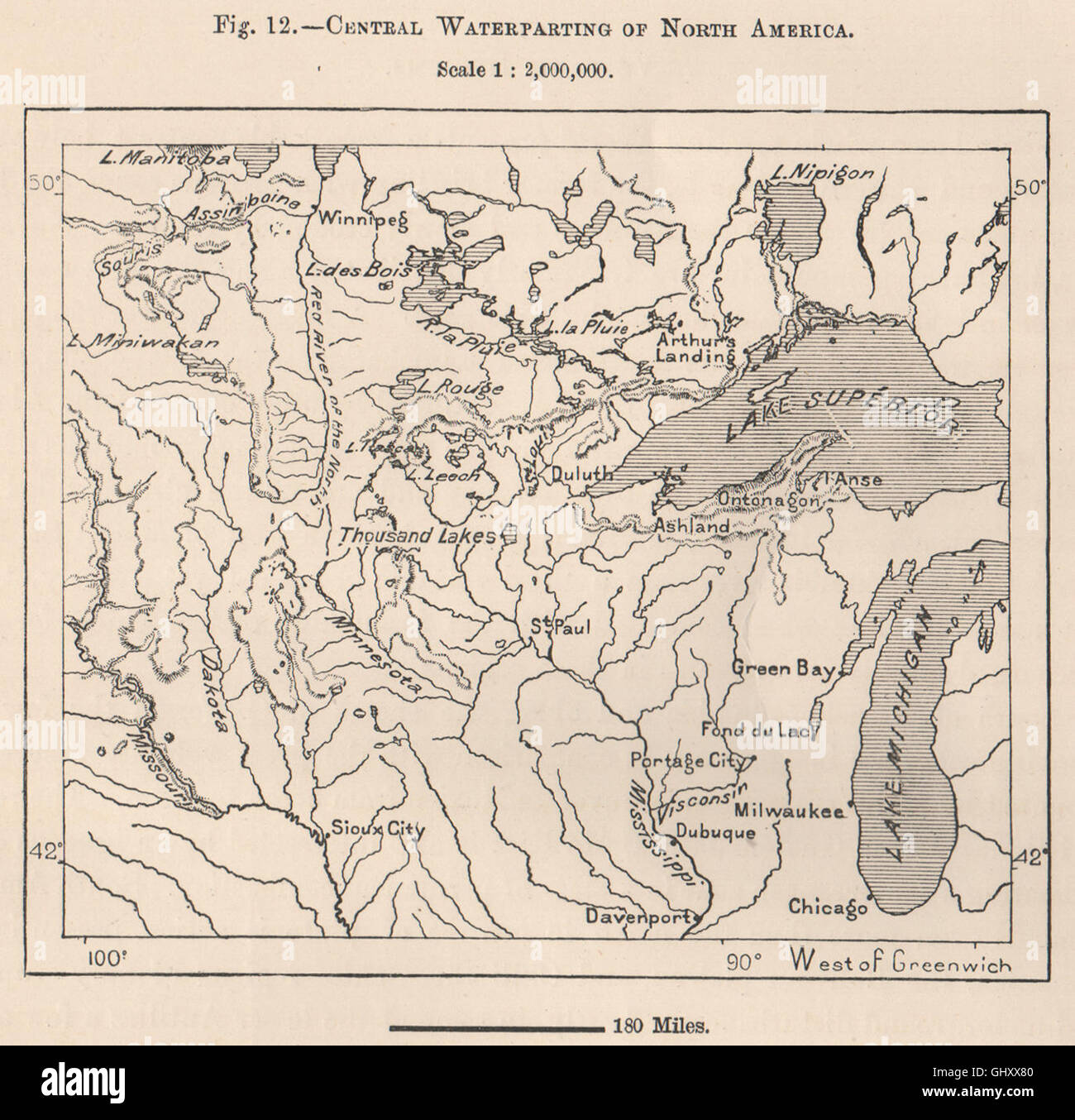 Central Waterparting of North America. USA, 1885 antique map Stock ...