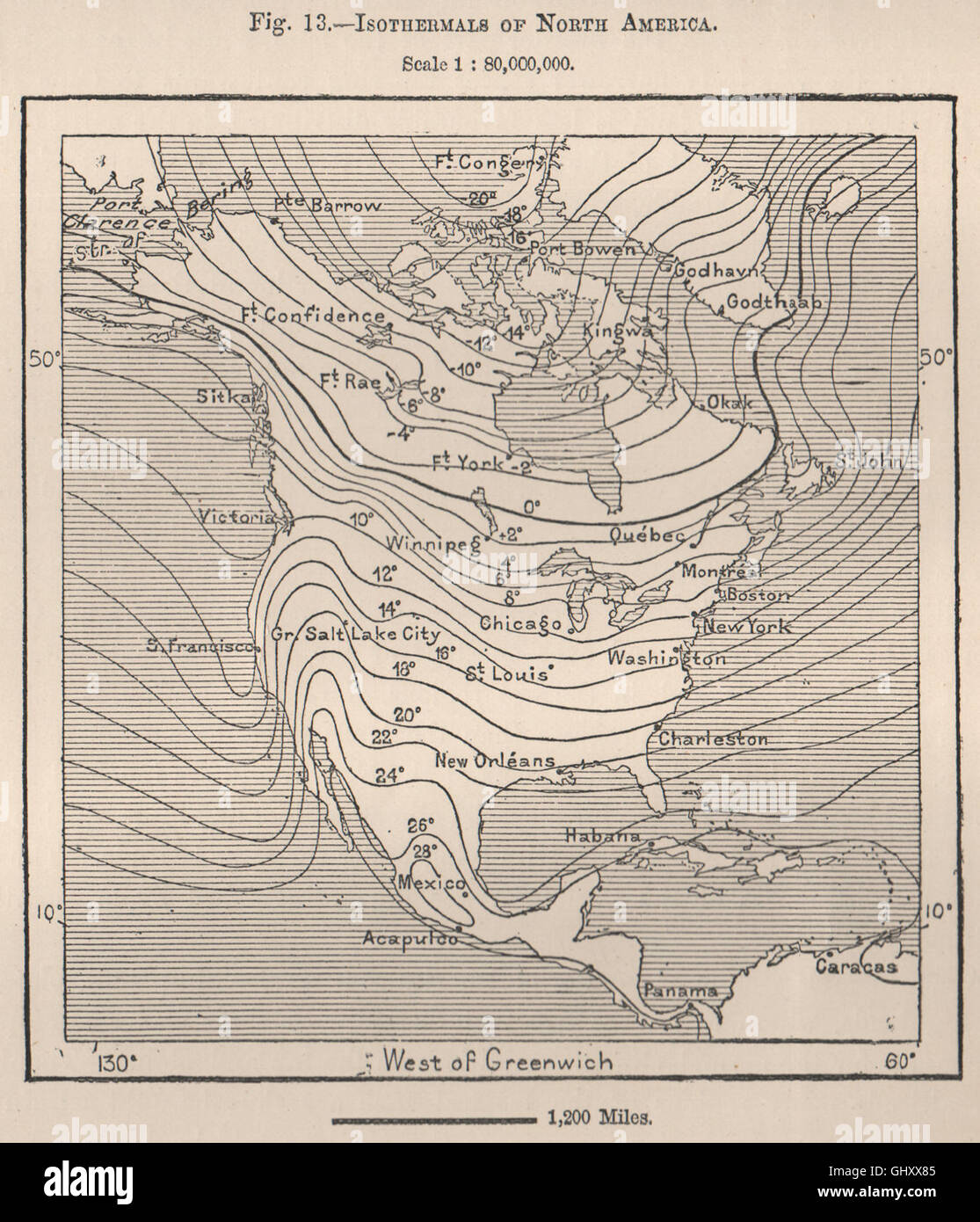 Isothermals of North America, 1885 antique map Stock Photo - Alamy