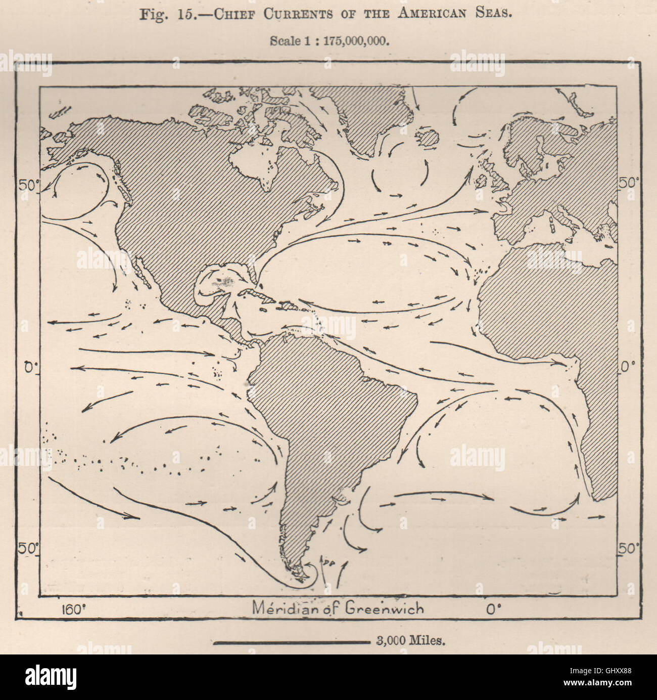 Chief Currents of the American Seas. Atlantic Pacific, 1885 antique map ...