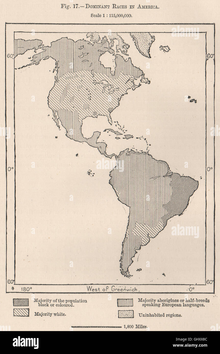 Dominant Races in the Americas. Ethnicity, 1885 antique map Stock Photo ...