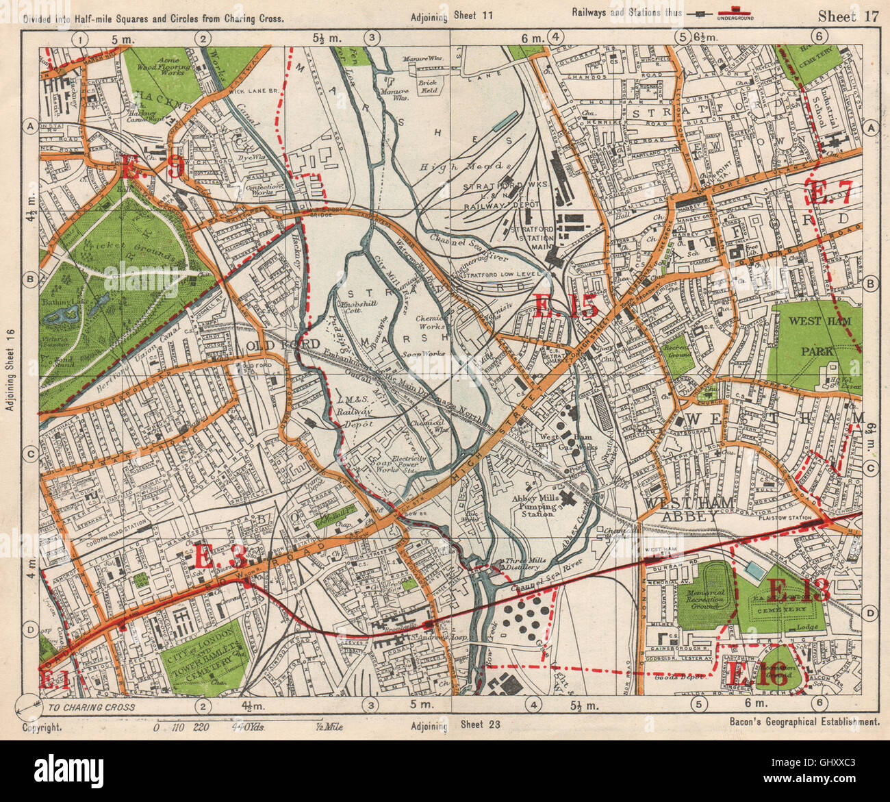 NE LONDON. Stratford Bow Hackney Wick West Ham Old Ford Plaistow.BACON, 1938 map Stock Photo - Alamy