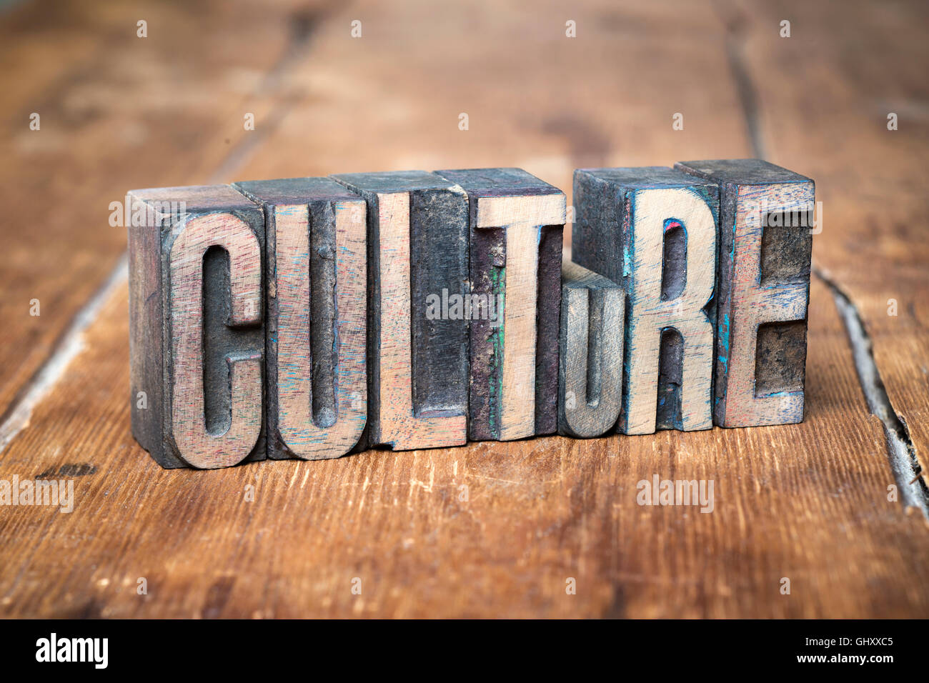 culture word made from wooden letterpress type on grunge wood Stock ...