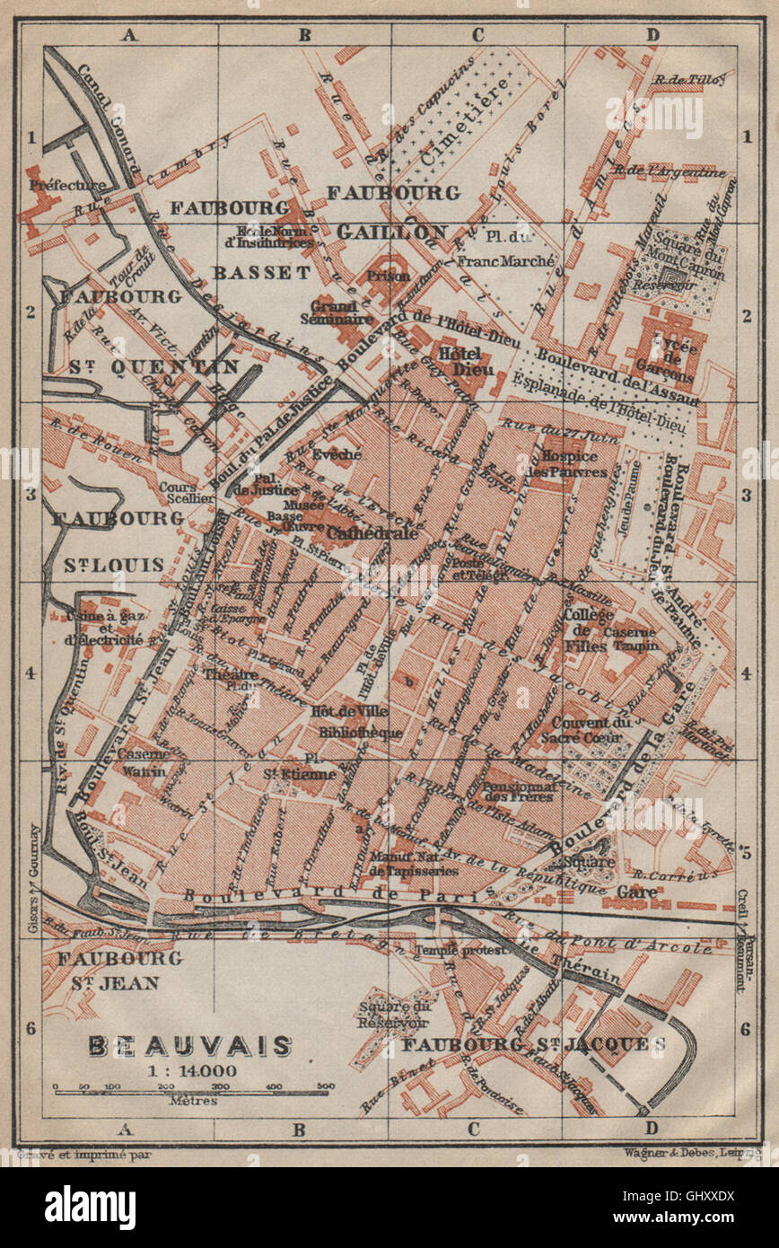 BEAUVAIS antique town city plan de la ville. Oise carte. BAEDEKER, 1909 ...