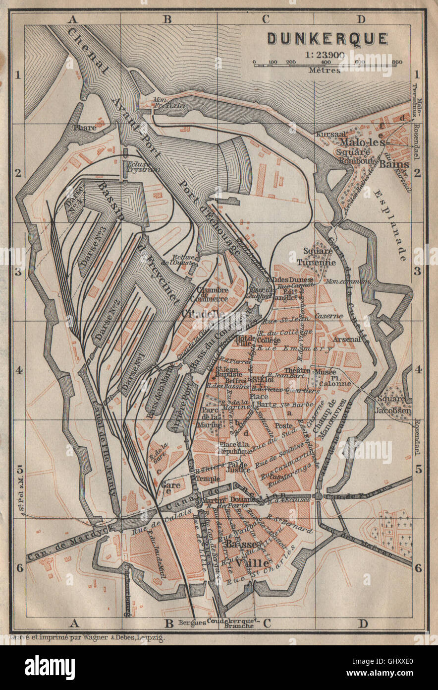 DUNKIRK DUNKERQUE antique town city plan de la ville. Nord carte, 1909 ...