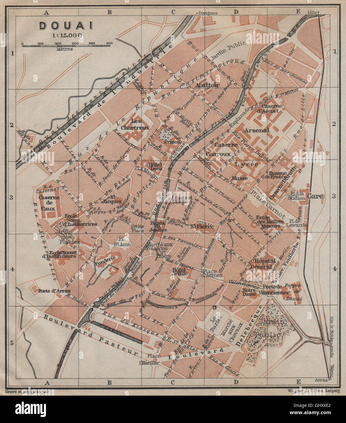DOUAI antique town city plan de la ville. Nord carte. BAEDEKER, 1909 ...