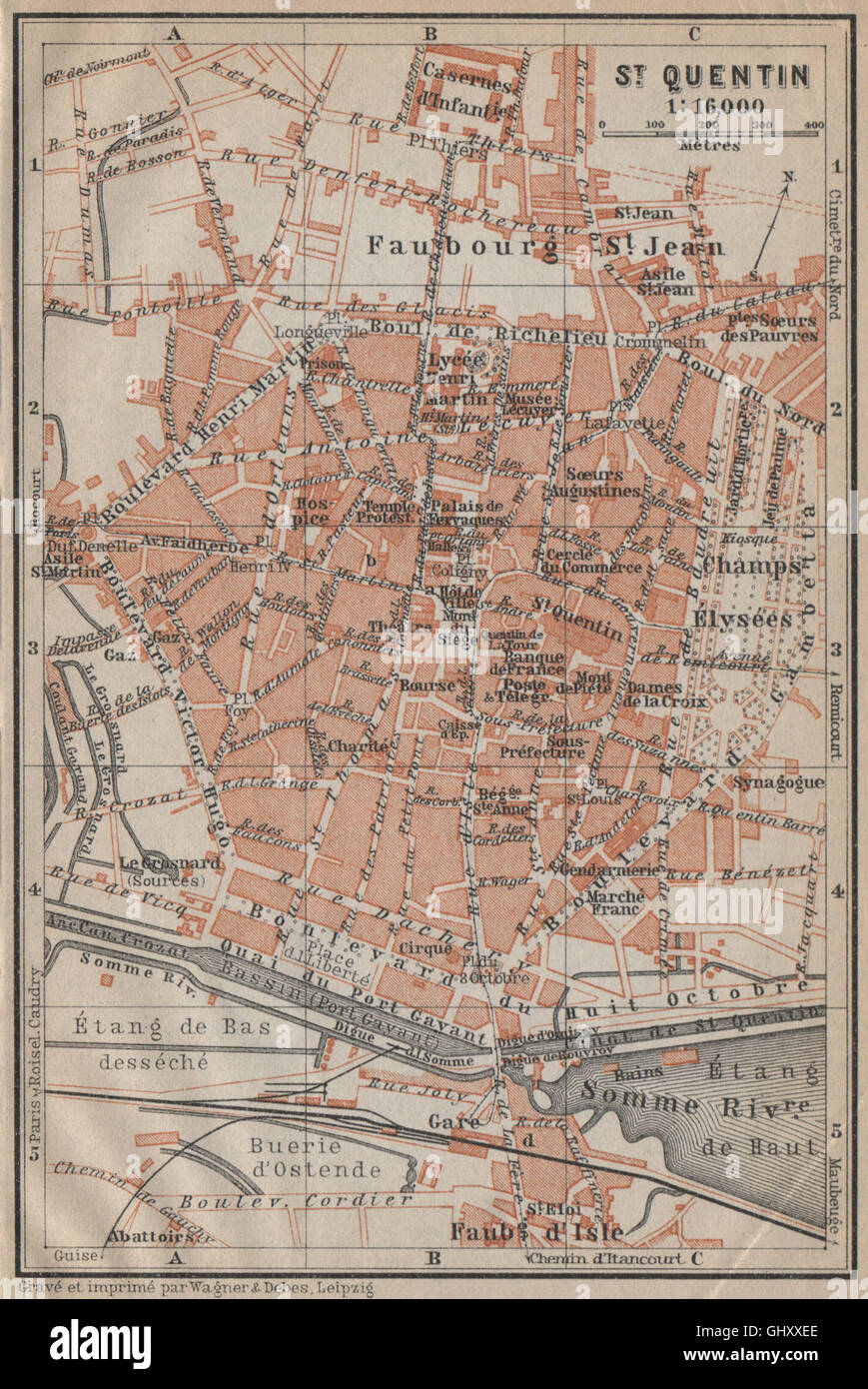 ST. QUENTIN antique town city plan de la ville. Aisne carte. BAEDEKER ...