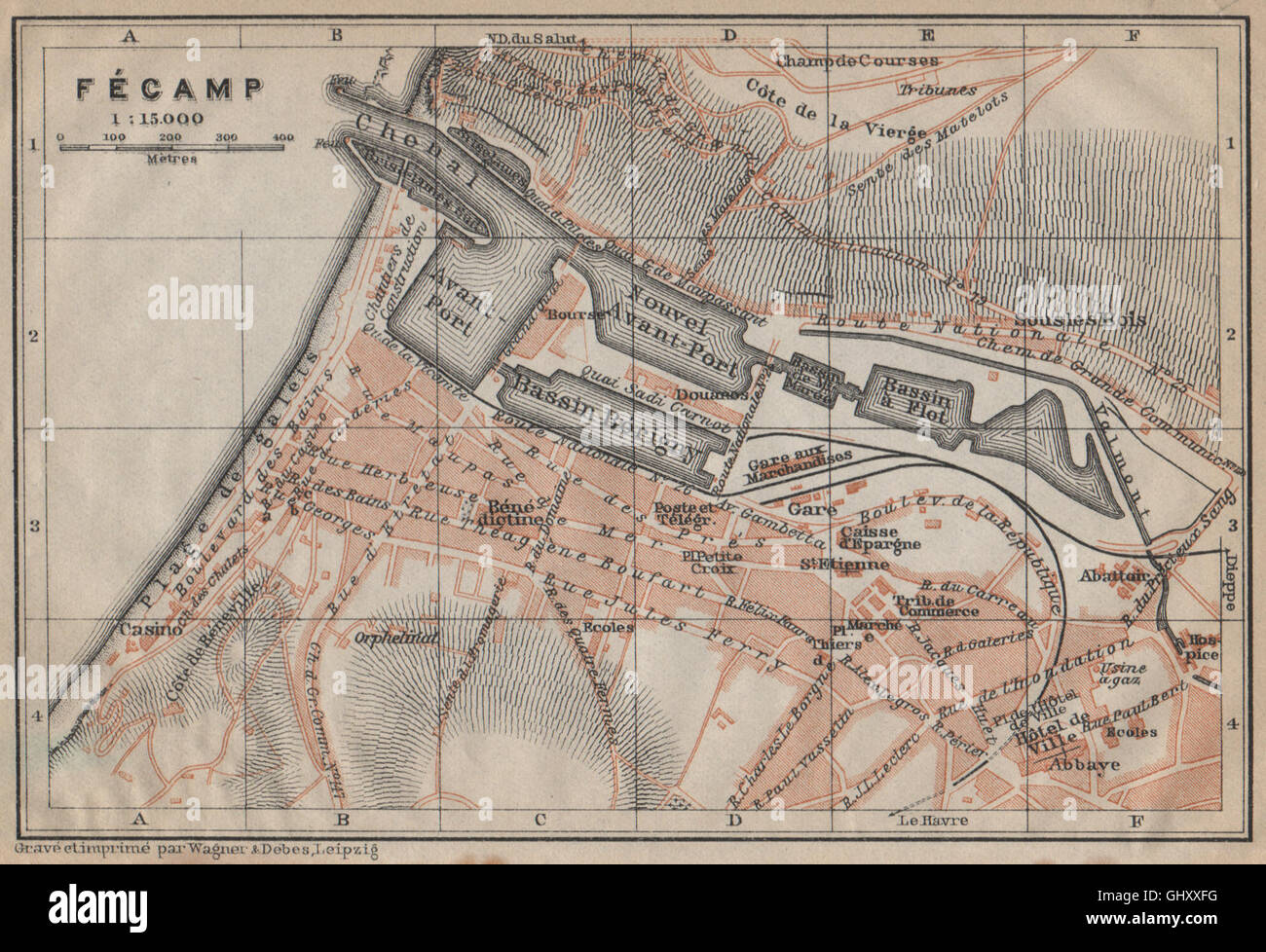 FÉCAMP antique town city plan de la ville. Haute-Normandie carte, 1909 ...