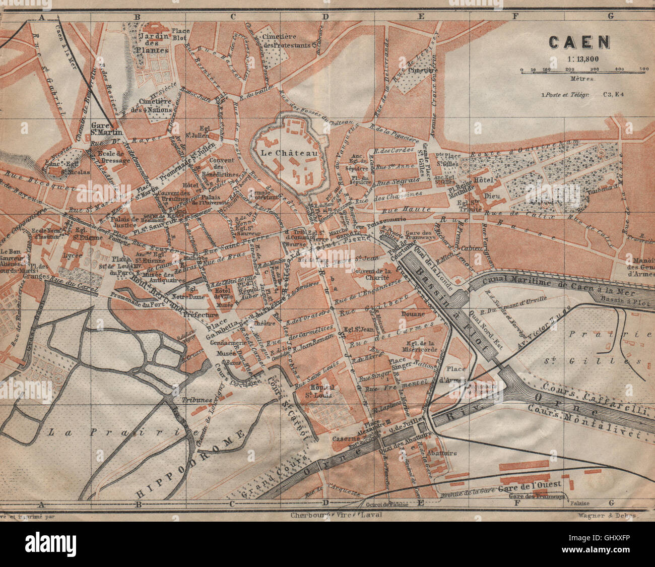 CAEN antique town city plan de la ville. Calvados carte. BAEDEKER, 1909 ...