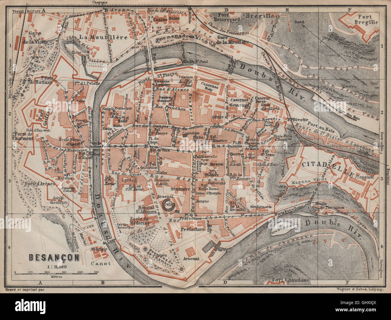 BESANÇON antique town city plan de la ville. Doubs carte. BAEDEKER ...
