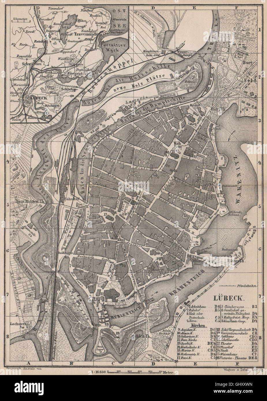 LÜBECK antique town city stadtplan. Schleswig-Holstein karte. BAEDEKER ...