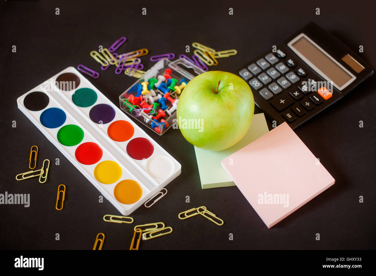 School and office supplies on blackboard background Stock Photo - Alamy