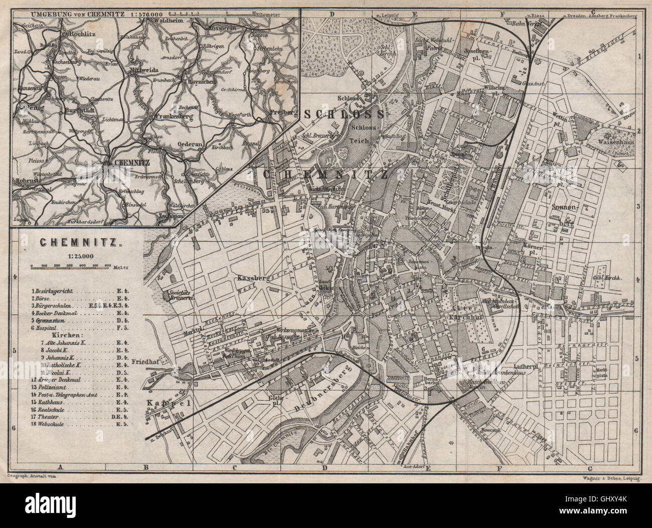 CHEMNITZ antique town city stadtplan. Saxony karte. BAEDEKER, 1886 ...