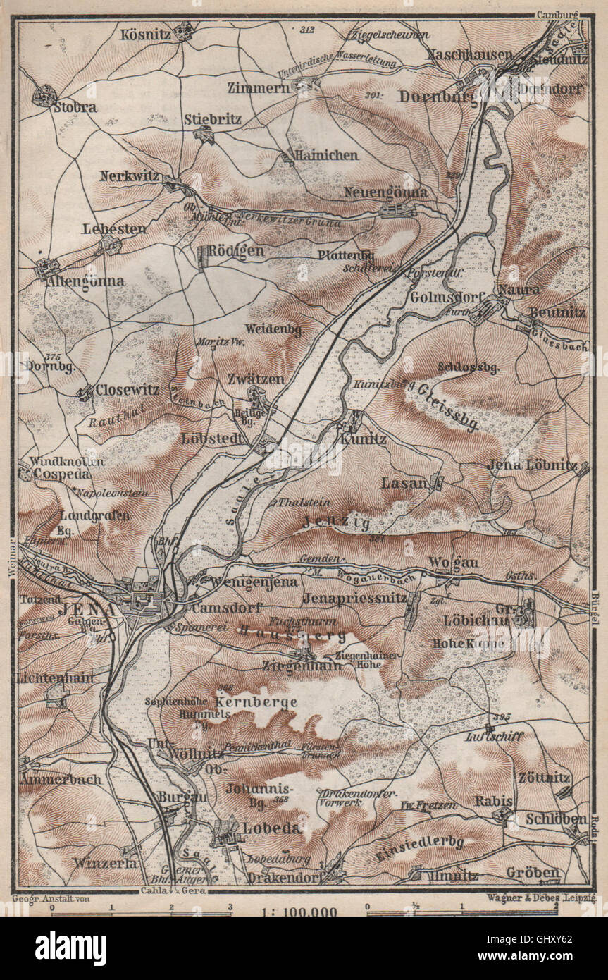 JENA & environs/umgebung. Dornburg. Thuringia karte. BAEDEKER, 1886 old ...