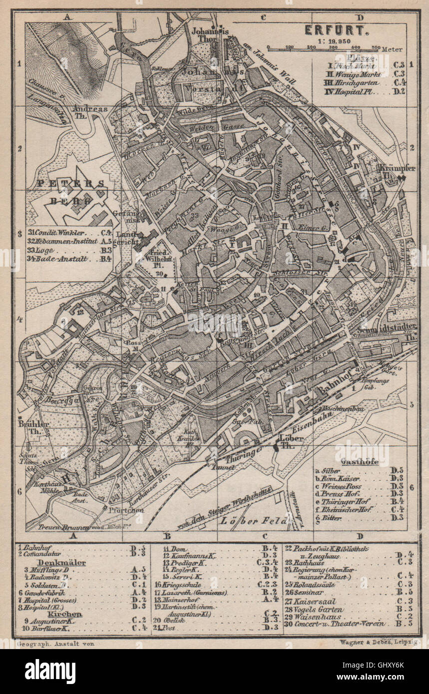 ERFURT antique town city stadtplan. Thuringia karte. BAEDEKER, 1886 old ...