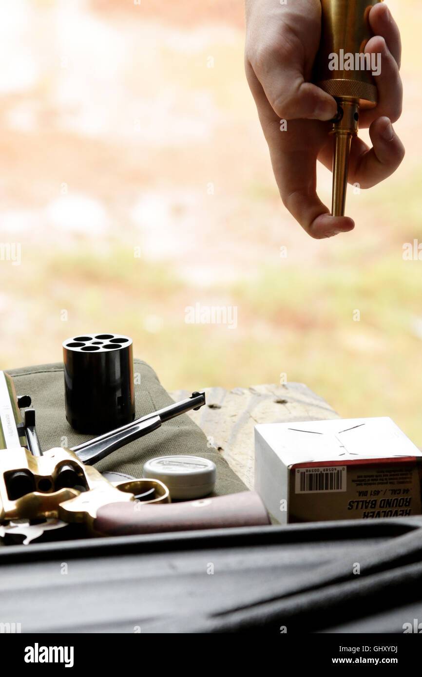 Man loading black powder pistol at Leeds Range in South Carolina Stock ...