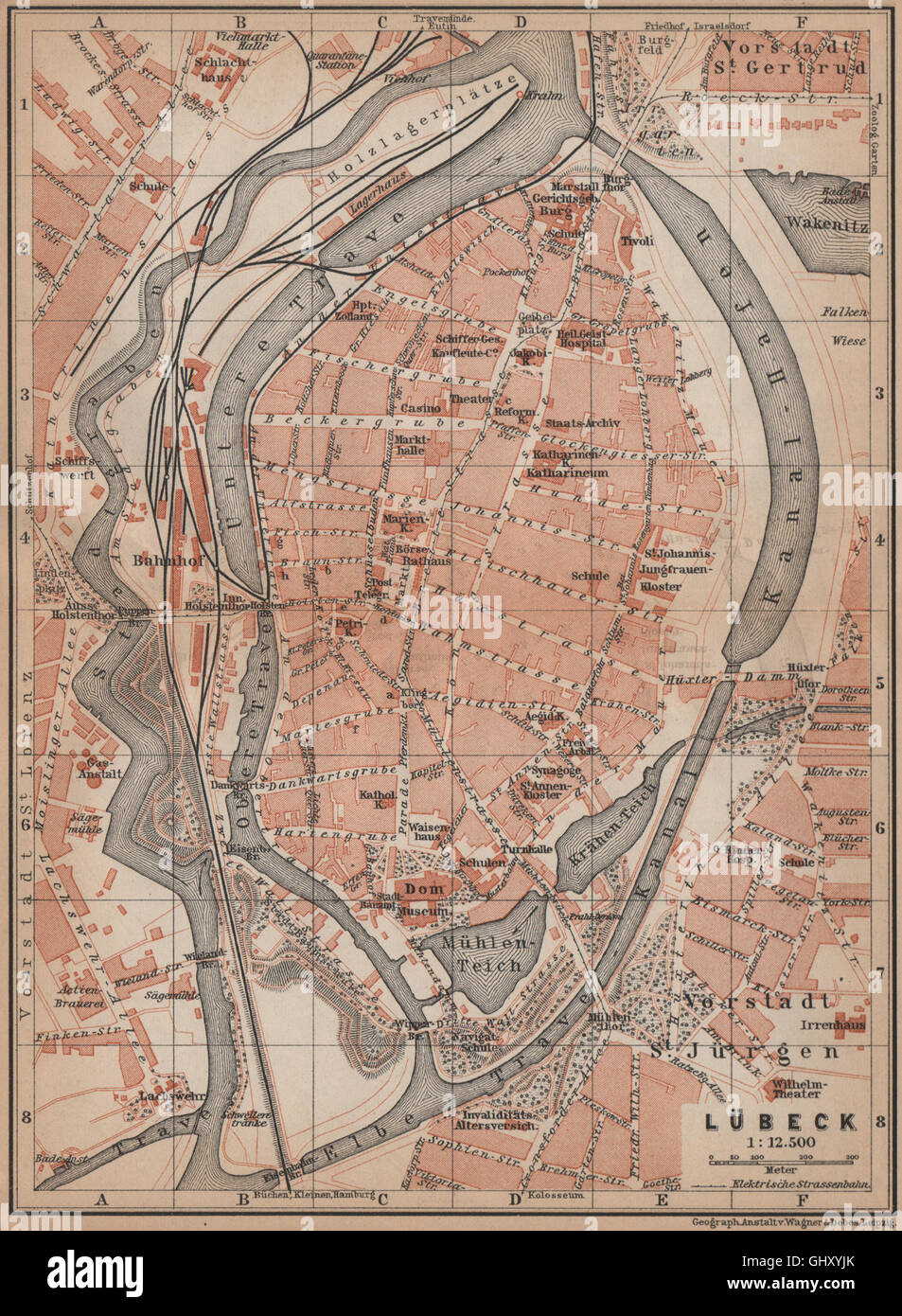 LÜBECK antique town city stadtplan. Schleswig-Holstein karte. BAEDEKER ...