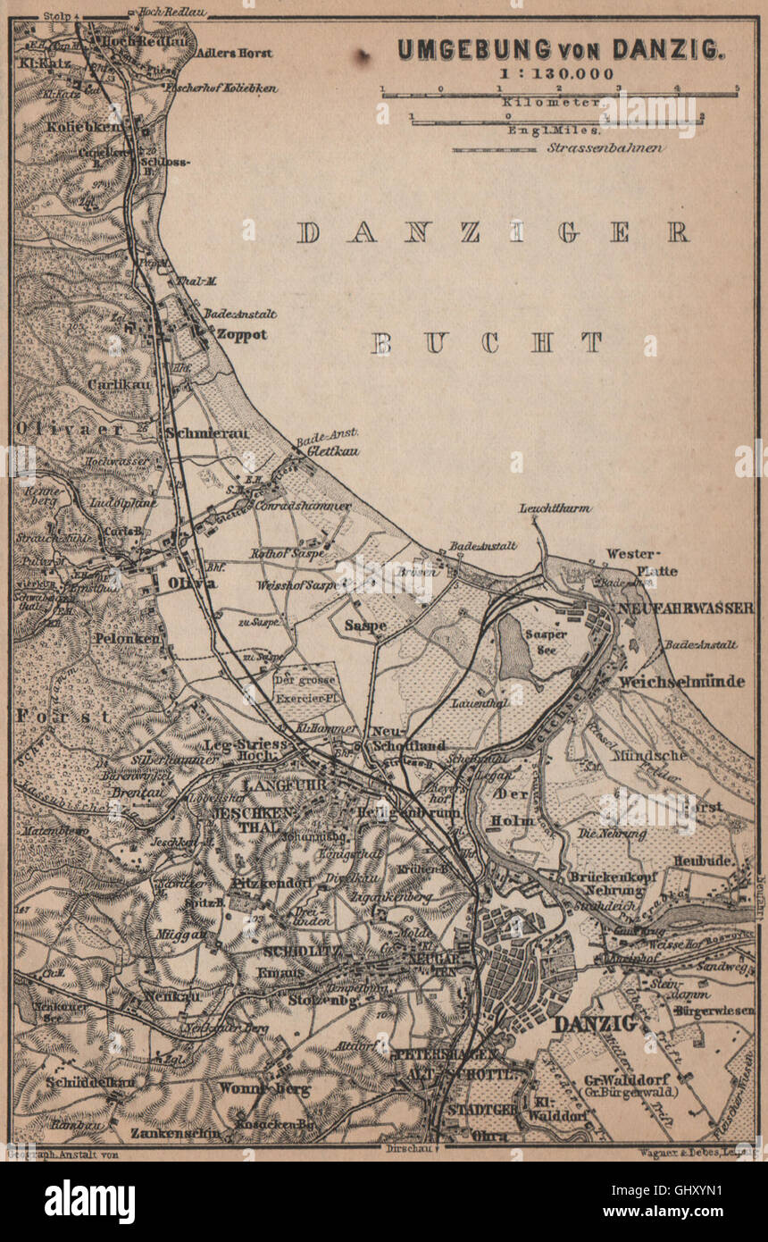 GDANSK & environs. Gdynia Danzig Gdańsk. Poland mapa. BAEDEKER, 1900 ...