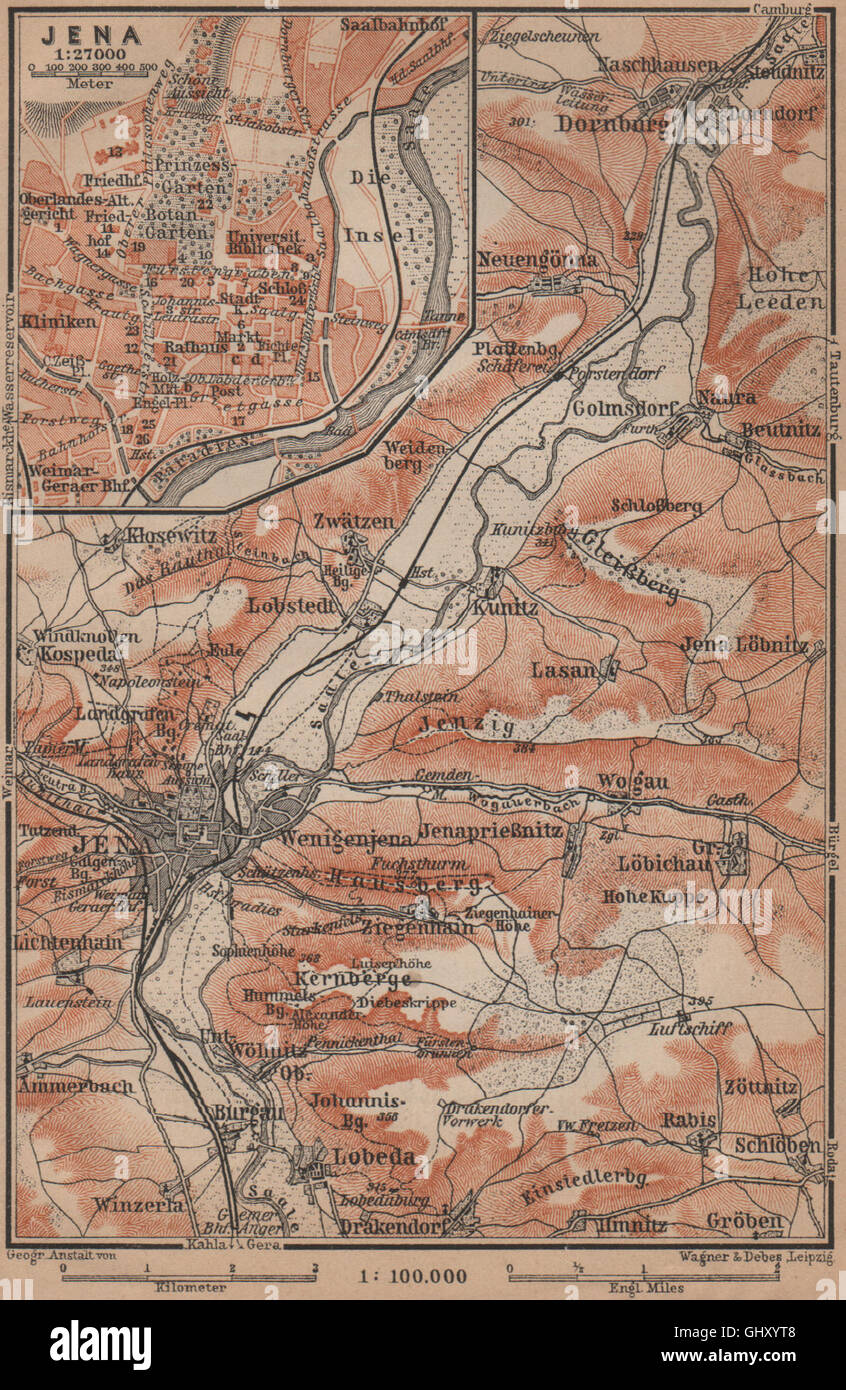 JENA & environs/umgebung. Dornburg. Thuringia karte. BAEDEKER, 1900 old ...