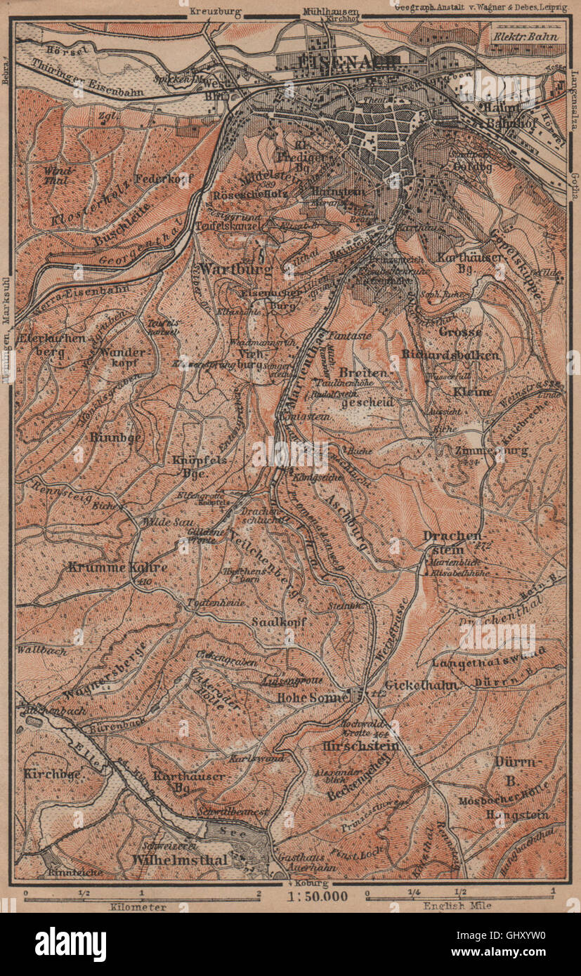 EISENACH & environs/umgebung. Wartburg. Thuringia karte. BAEDEKER, 1900 ...