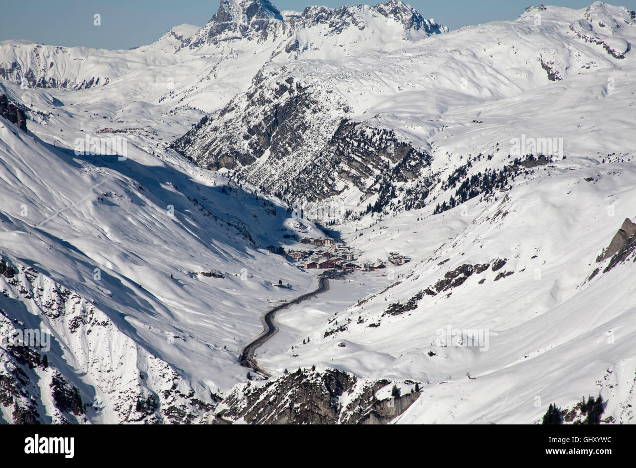 The village of Zurs between St Anton and Lech viewed from above the ...